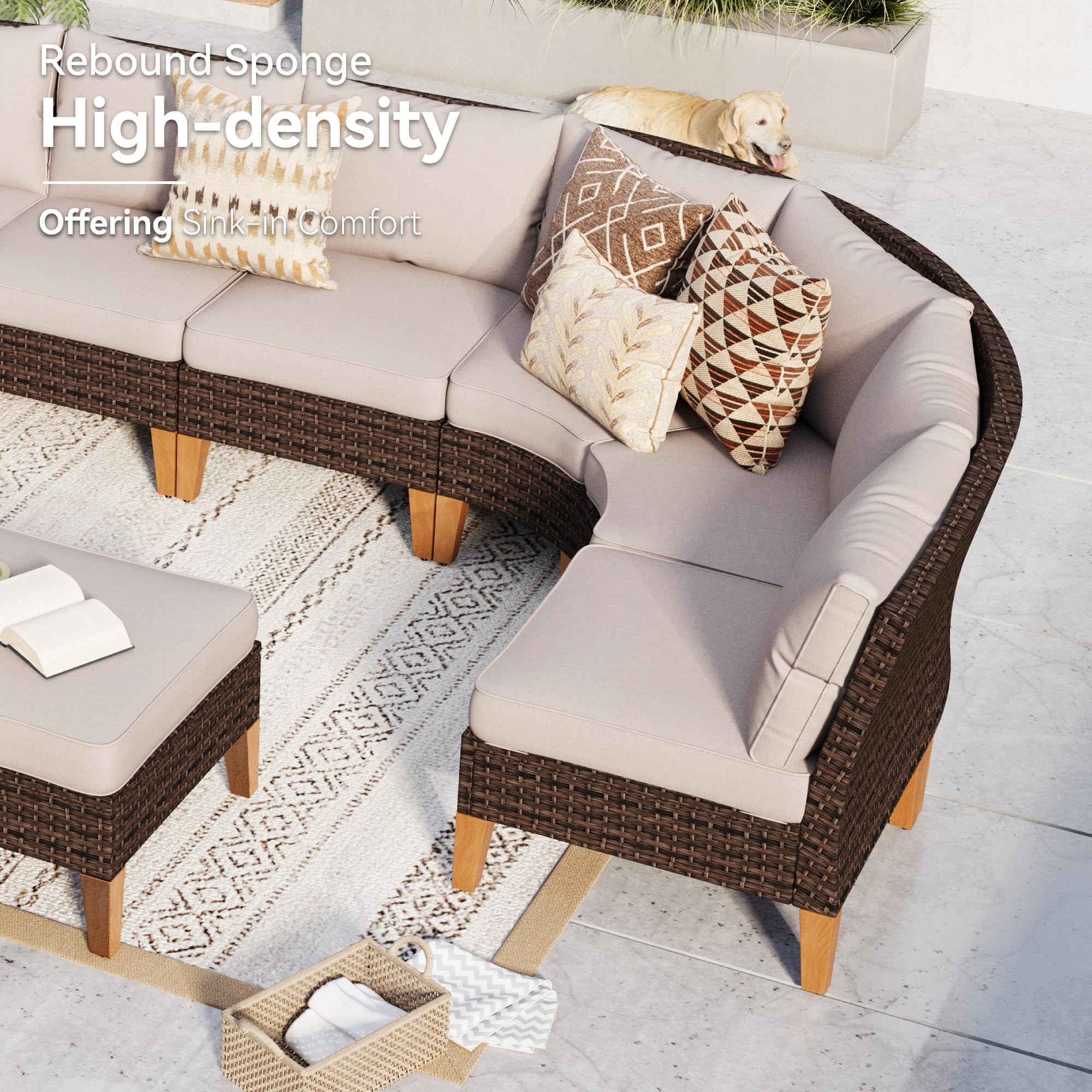 GREEN PARTY 7 Pieces Wicker Patio Furniture Set with 56" Fire Pit Table, All-Weather Outdoor Rattan Patio Half-Moon Curved Sectional Sofa Conversation Set for Garden, Backyard