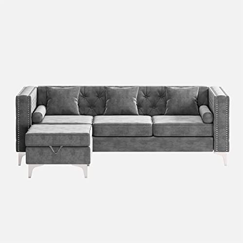 Mjkone Convertible Sectional Sofa for Living Room, Velvet Upholstered L-Shaped Sofa with Throw Cushion & Bolster Cushion, Ottoman for Storage, Button Tufted & Nailhead Trim for Apartment - Grey