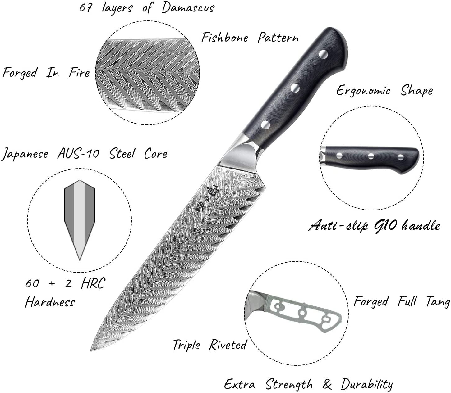 SIXILANG Knife Set, 3 PCS Professional Damascus Chef Knives, 67 Layer Japanese AUS10 Steel Core Forged Kitchen Knives, Well-Balanced Full Tang Handle Triple Rivet Handle - Black Gift Box