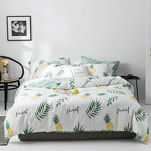 VClife Cotton Sage Green White Duvet Cover Reversible Boho Style Pineapple Herringbone Comforter Set Full Queen Size Bedding Set