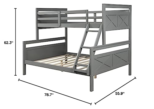 Twin Over Full Bunk Bed,Solid Pinewood Bedframe w/Safety Guardrails and Ladder,Can Be Separated into 2 Beds,for Dorm,Bedroom,Guest Room Furniture,No Box Spring Needed,Gray