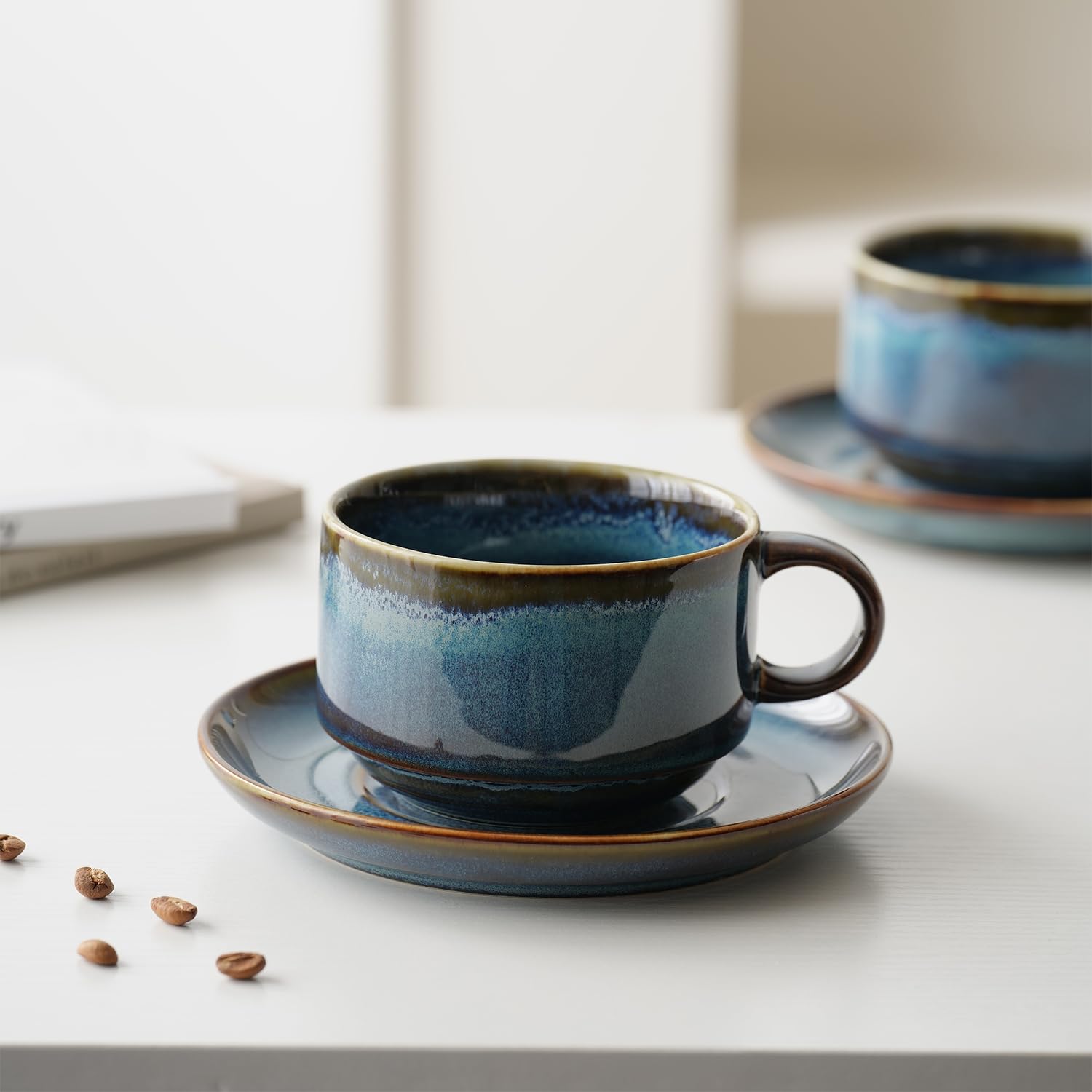 MIKIGEY Ceramics 10oz Cappuccino Cups with Sacuer, Set of 2, Coffee Cup for Au Lait, Latte, Tea, Mocha-Set of 2, Dishwasher and Microwave, Reactive Blue