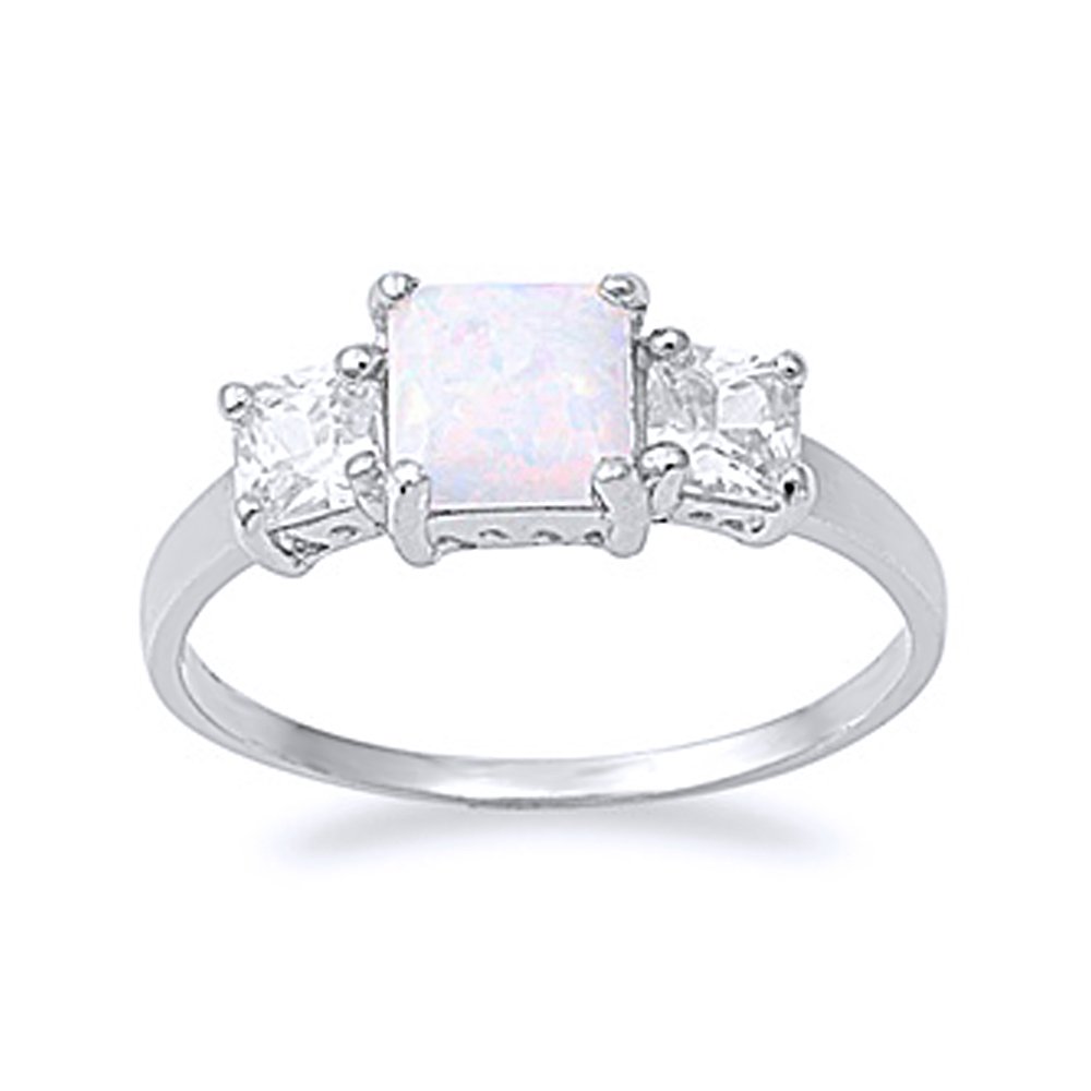Double Accent Sterling Silver Square Simulated White Opal Princess CZ Three Stone Anniversary Ring 7mm (Size 4 to 10), 6