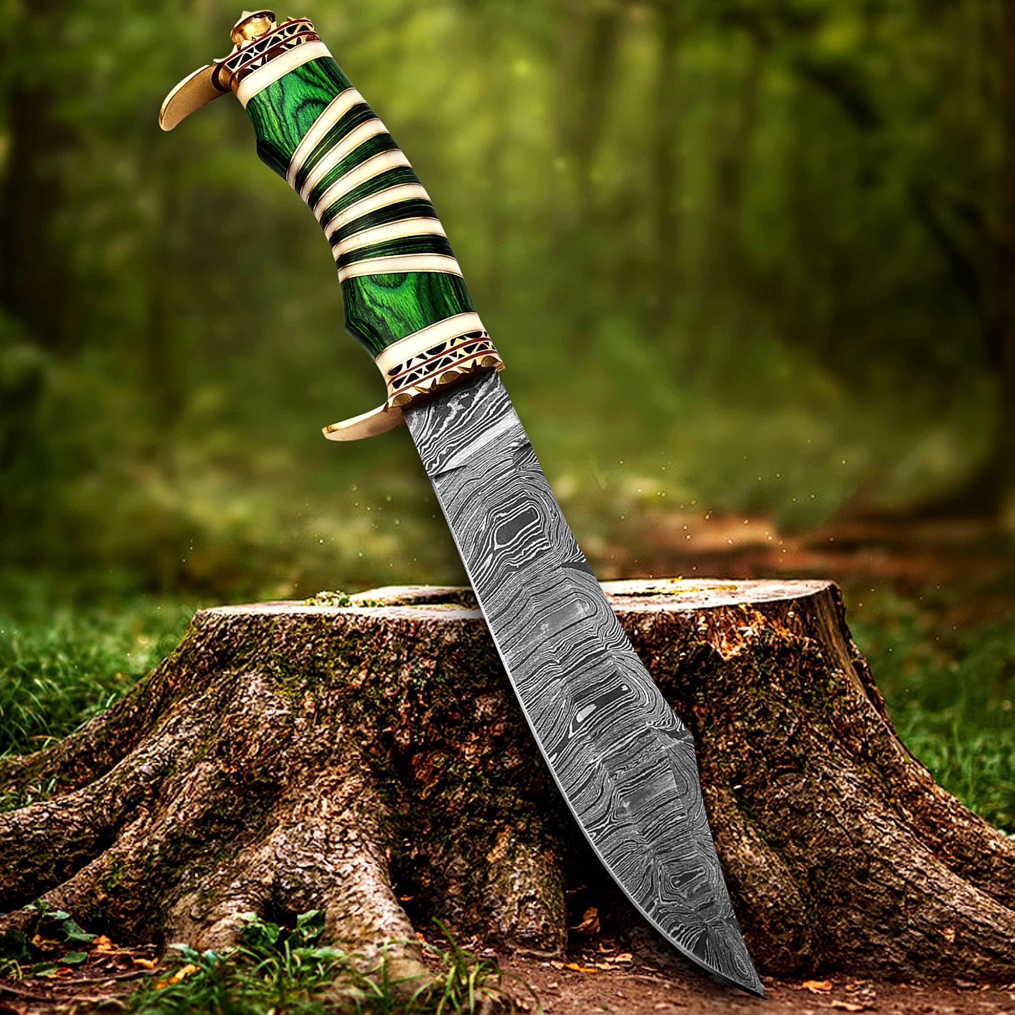 Skokie Knives Custom Hand Made Damascus Steel Hunting Knife Handle Camel Bone (Green)