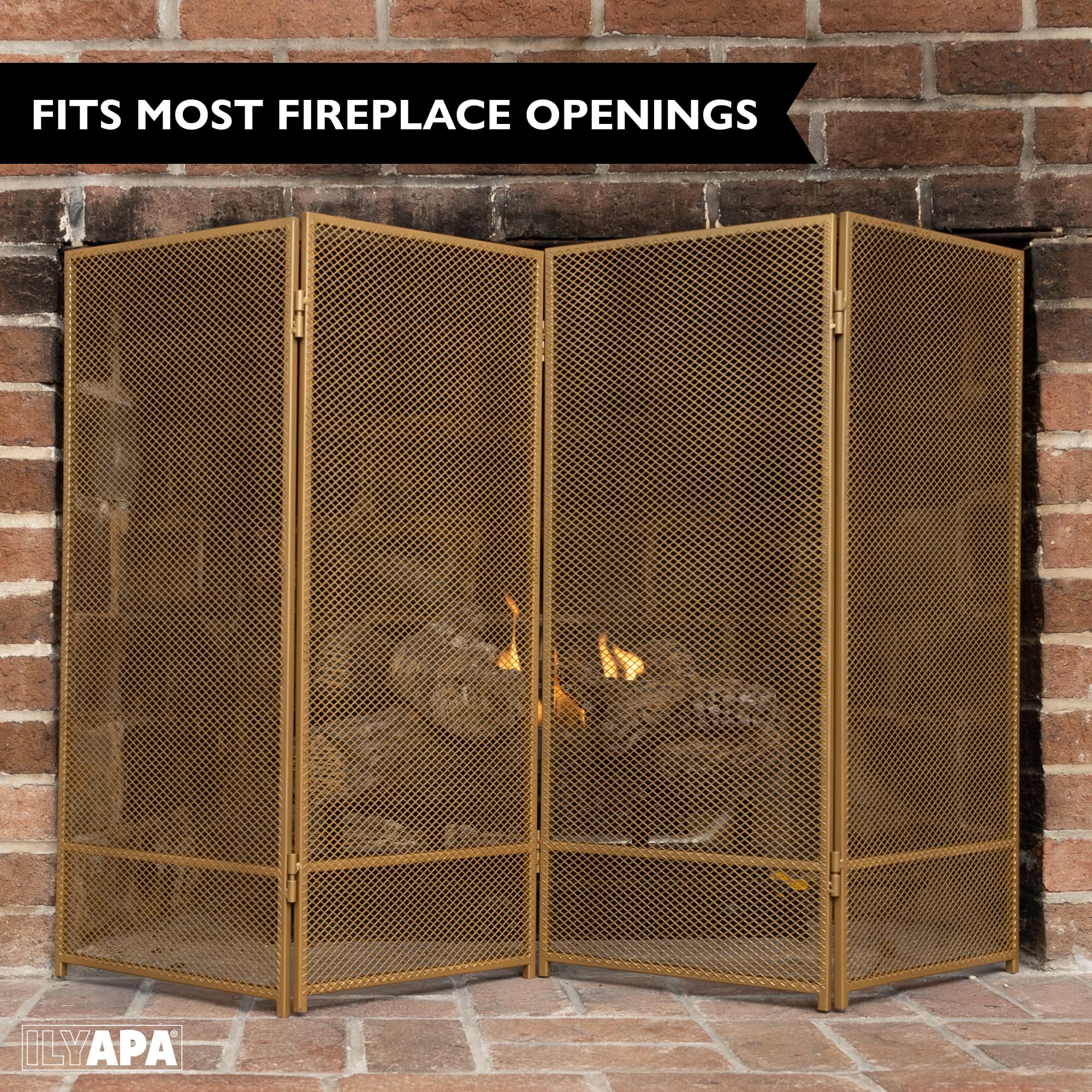 Ilyapa 4-Panel Metal Fireplace Screen for Wood Burning Fireplaces & Gas - Gold - 48 x 29 Inch - Durable Steel Mesh Spark Guard, Easy Fold Panels for Storage, Decorative Fireplace Decor For Living Room