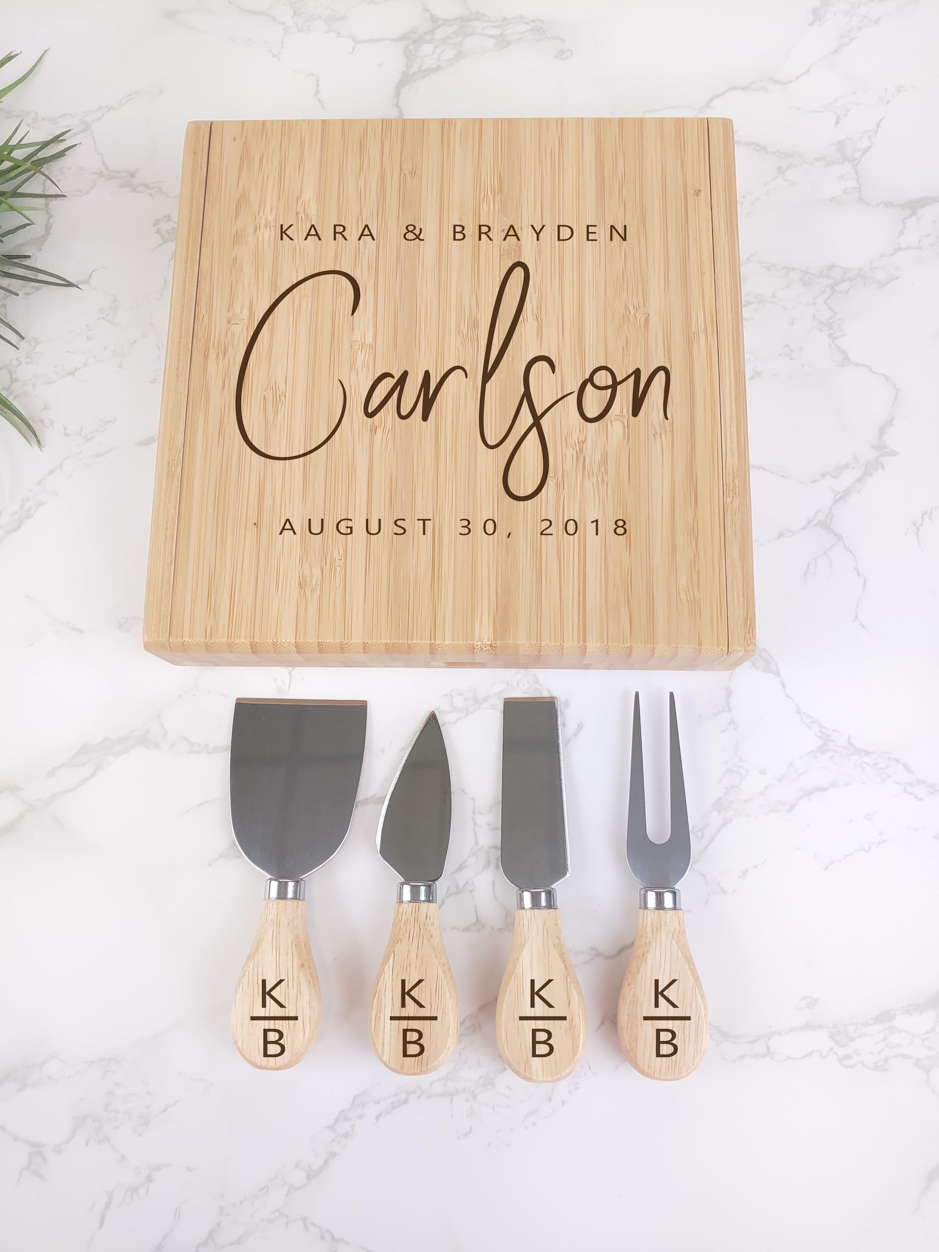 Cre8tive Motifs 5 Piece Cheese Knife Set, 8 Inch Charcuterie Board, Personalized Cutting Board, Customized Wedding Gift, Anniversary Gift for Her, Engraved Knife (Case Engraving Only)
