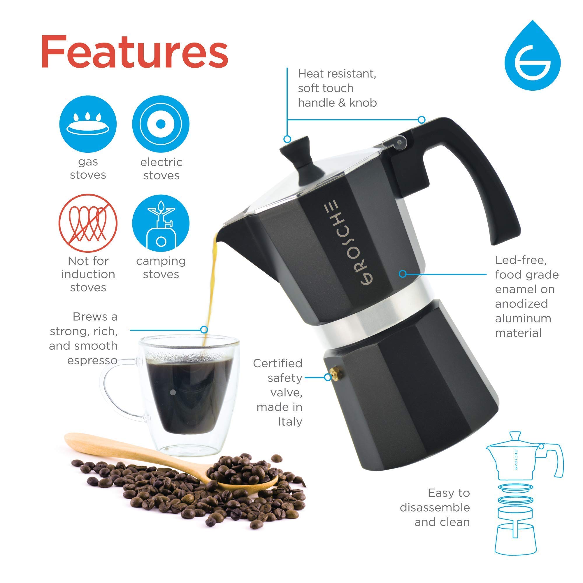 GROSCHE Milano Stove top espresso maker (9 espresso cup size 15.2 oz) Black, and battery operated milk frother bundle for lattes