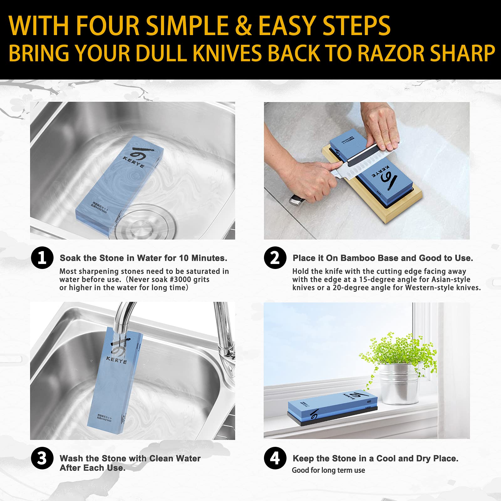 KERYE Japanese Whetstone Sharpener Set - 400/1000 3000/8000 Grit Water Stones, Flattening Stone, Honing Guide, Cut Resistant Gloves