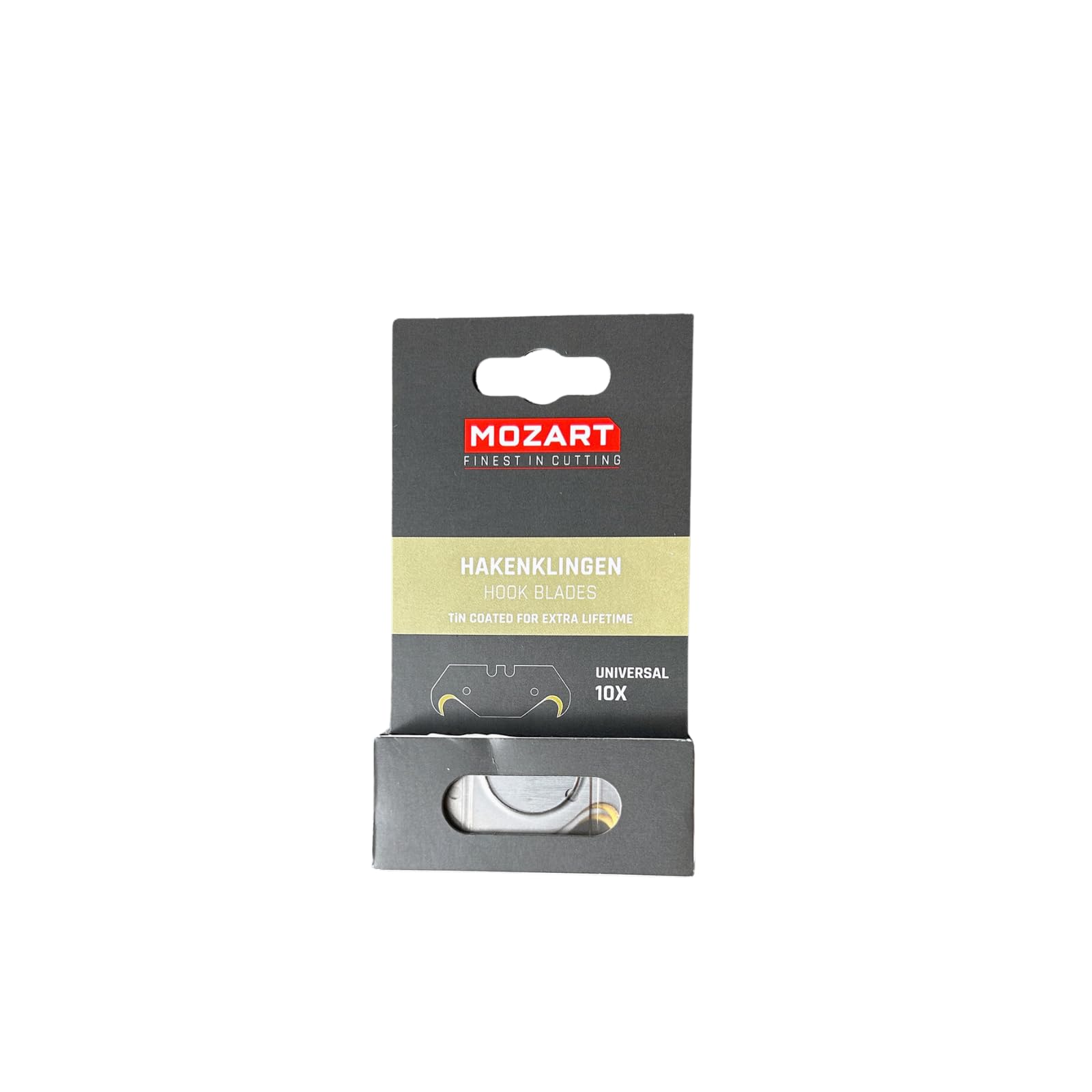 Mozart Universal TiN Hook Utility Blade: RC65 High-Carbon Steel, Titanium Nitride coating. Ideal for roofing, flooring, drywall, and more. Made in Germany. (10 Pack)