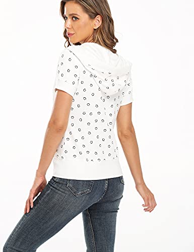 Dilgul Women's Short Sleeve Hoodie Full Zip Up Jacket Casual Sweatshirt Kanga Pocket White XL
