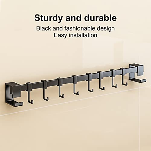 Kitchen Utensil Hanging Rack Rail with 8 Hooks, Self Adhesive Utensil Hangers Utensil Hooks 50cm/19.69in Wall Hooks Rack for Kitchen Bathroom Bedroom (Black)