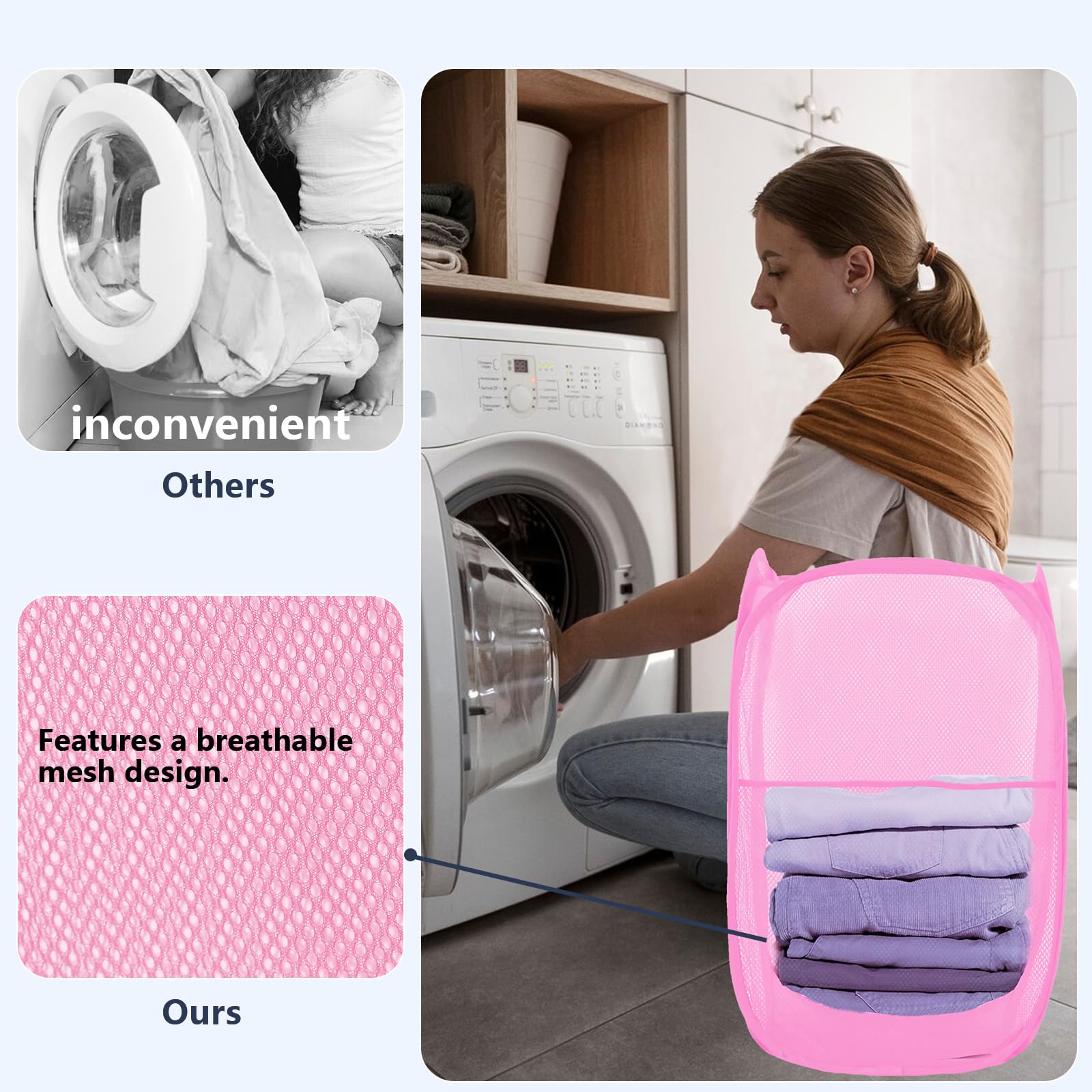 LXLOVESM Pop Up Hamper, Mesh Popup Laundry Hamper, Clothes Basket, Collapsible Hamper for Laundry, Foldable Hamper for Travel and Storage (Pink)