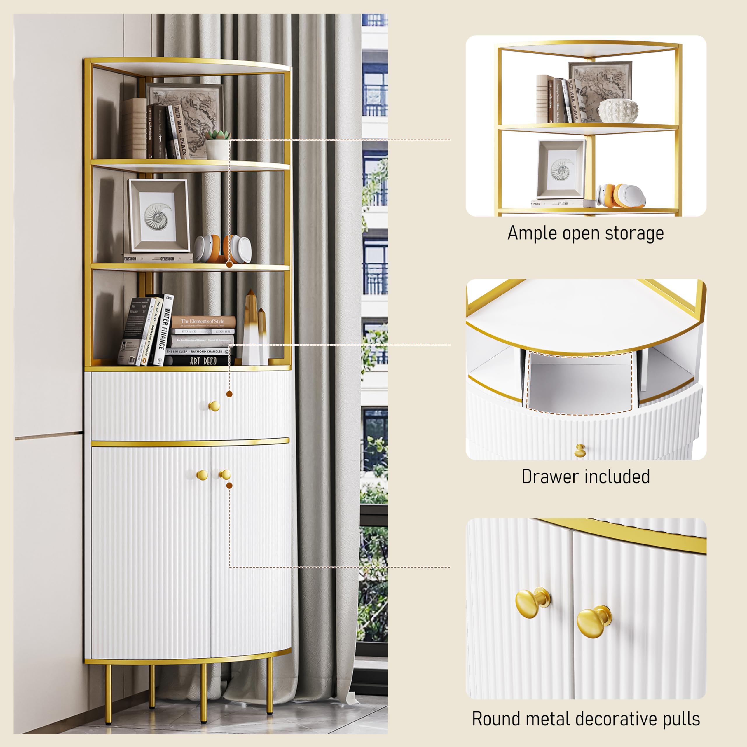 Modern 74.8" Tall Cabinet Corner Bookshelf, Fan Shaped Bookcase with Drawer and 2 Doors, Wooden Standing Corner Shelf with Gold Metal Frame for Living Room Study Room Home Office, White