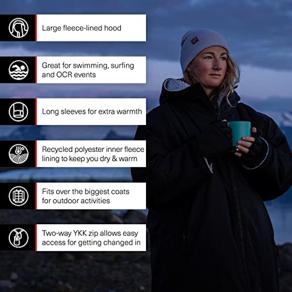 Dryrobe Advance LONG SLEEVE Swim Parka Change Robe - Stay Warm and Dry - Waterproof Oversized - Swimming/Surfing/OCR Events (Large - Black/Gray)
