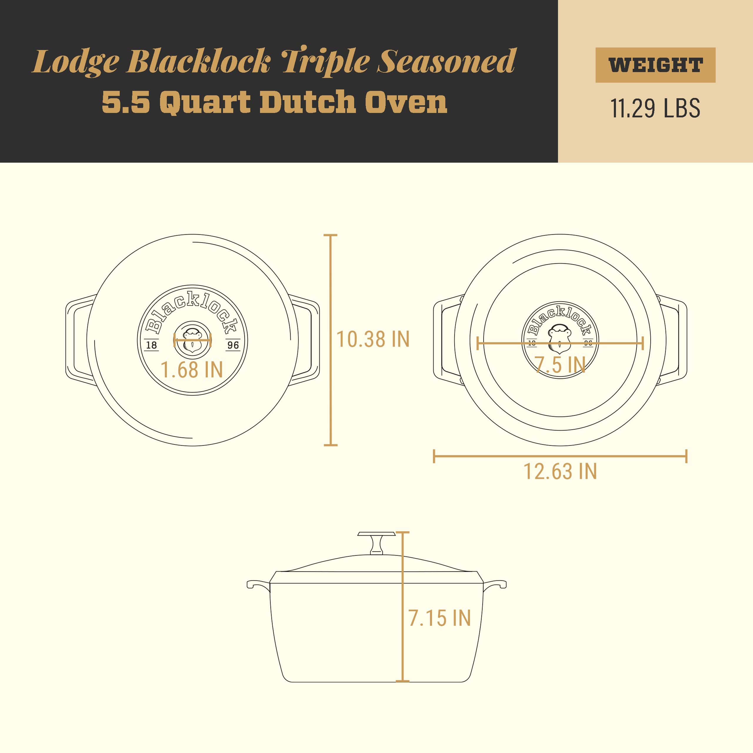 Lodge Blacklock 5.5 Qt Triple Seasoned Cast Iron Dutch Oven - 5.5 Qt Capacity - Nonstick Finish - Cast Iron Dutch Oven with Lid - Cast Iron Cookware
