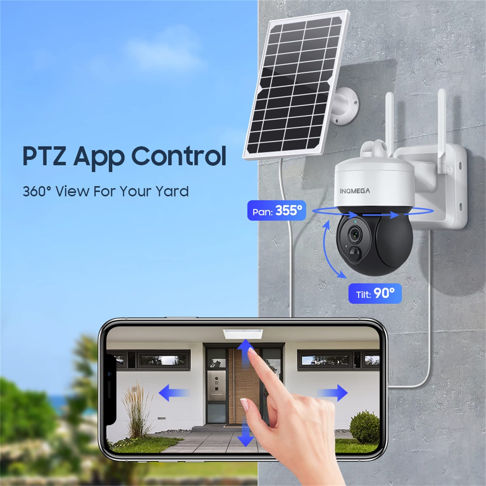 INQMEGA Solar Security Camera Outdoor, 360° PTZ WiFi Wireless Security Camera with 3MP UHD Night Vision, PIR Motion Detection and Siren,IP66 Waterproof,Two-Way Audio,SD/Cloud