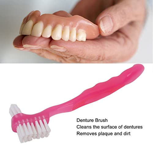 Denture Brush, Doublesided Safe Ergonomic Denture Brush for Home Travel (Pink)
