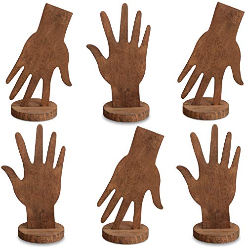 MOOCA 6-Piece Wooden Hand Form Jewelry Display Set - 2-Way Design for Wall Hanging or Standalone Mannequin Finger Hand Display, Brown Color