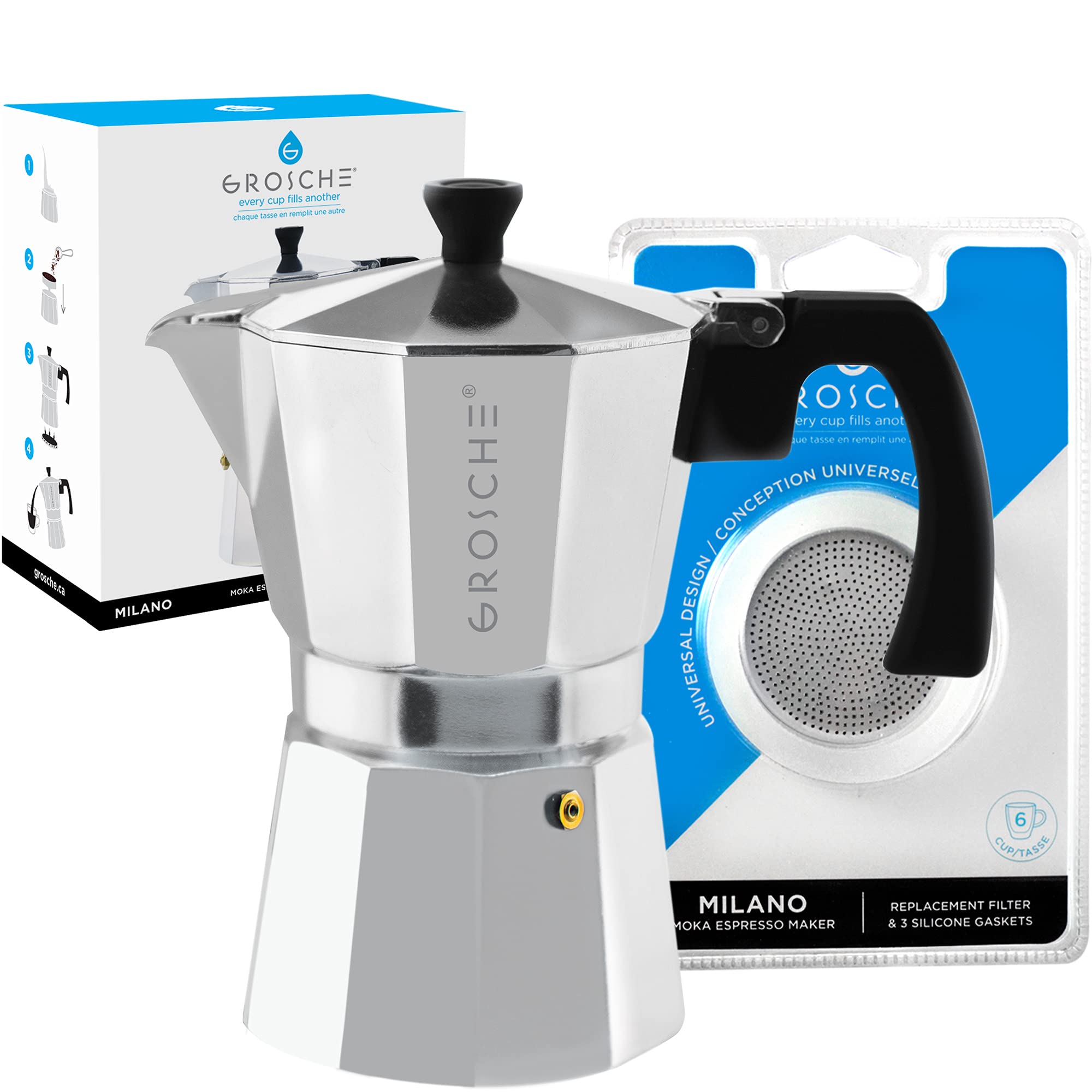 GROSCHE Milano Stovetop Espresso Maker Moka pot 6 espresso Cup - 9.3 oz, Silver and 3 Replacement Seals Gaskets Bundle Stove top coffee maker Moka Italian espresso coffee maker and replacement gaskets