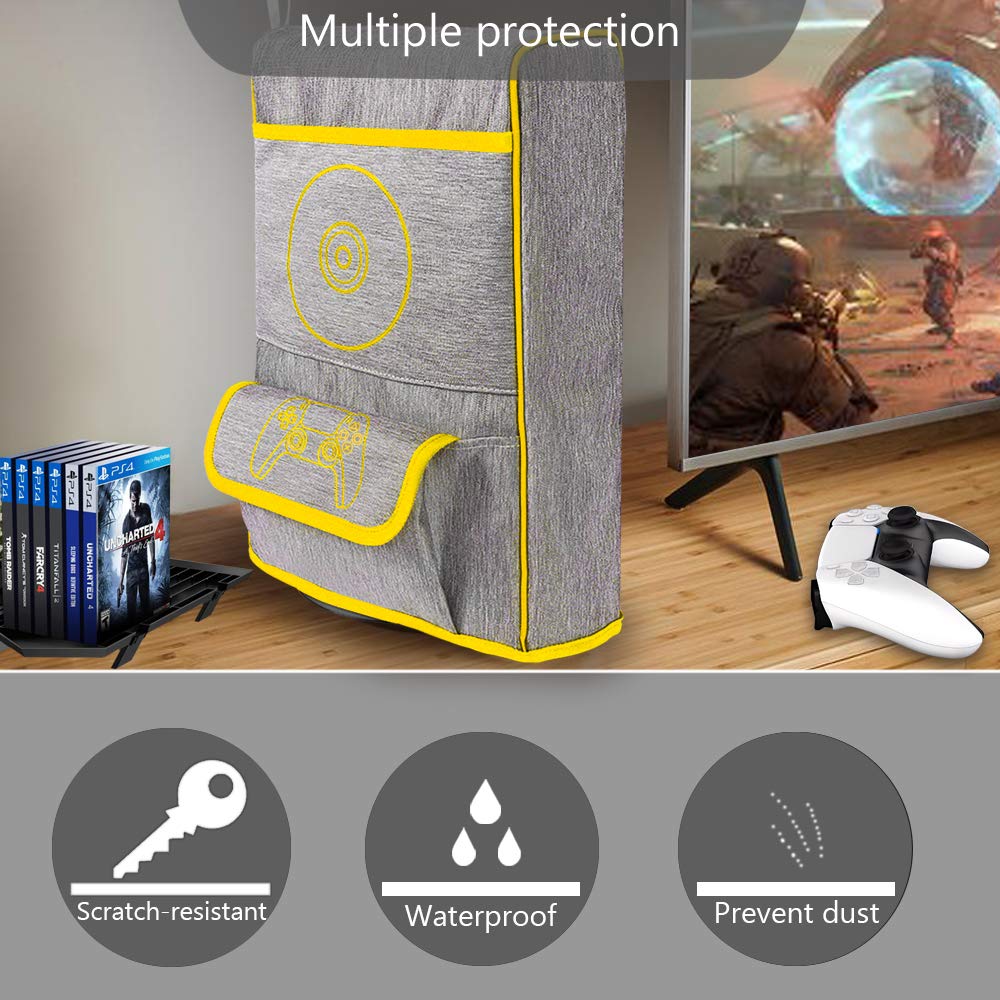 Eyglo Anti-Dust Cover for PS5 Sony PlayStation 5 Console Protective Cover Case -Anti Scratch and Waterproof, Support for PS5/Controllers/12 Game Discs (Yellow)