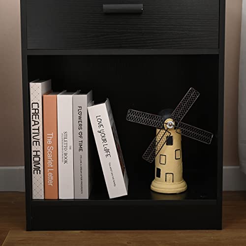 Iwell Nightstand Set of 2 with Drawer & Open Compartment, 23.6" H Bedside Table, End Table for Small Space, Bedroom, Black