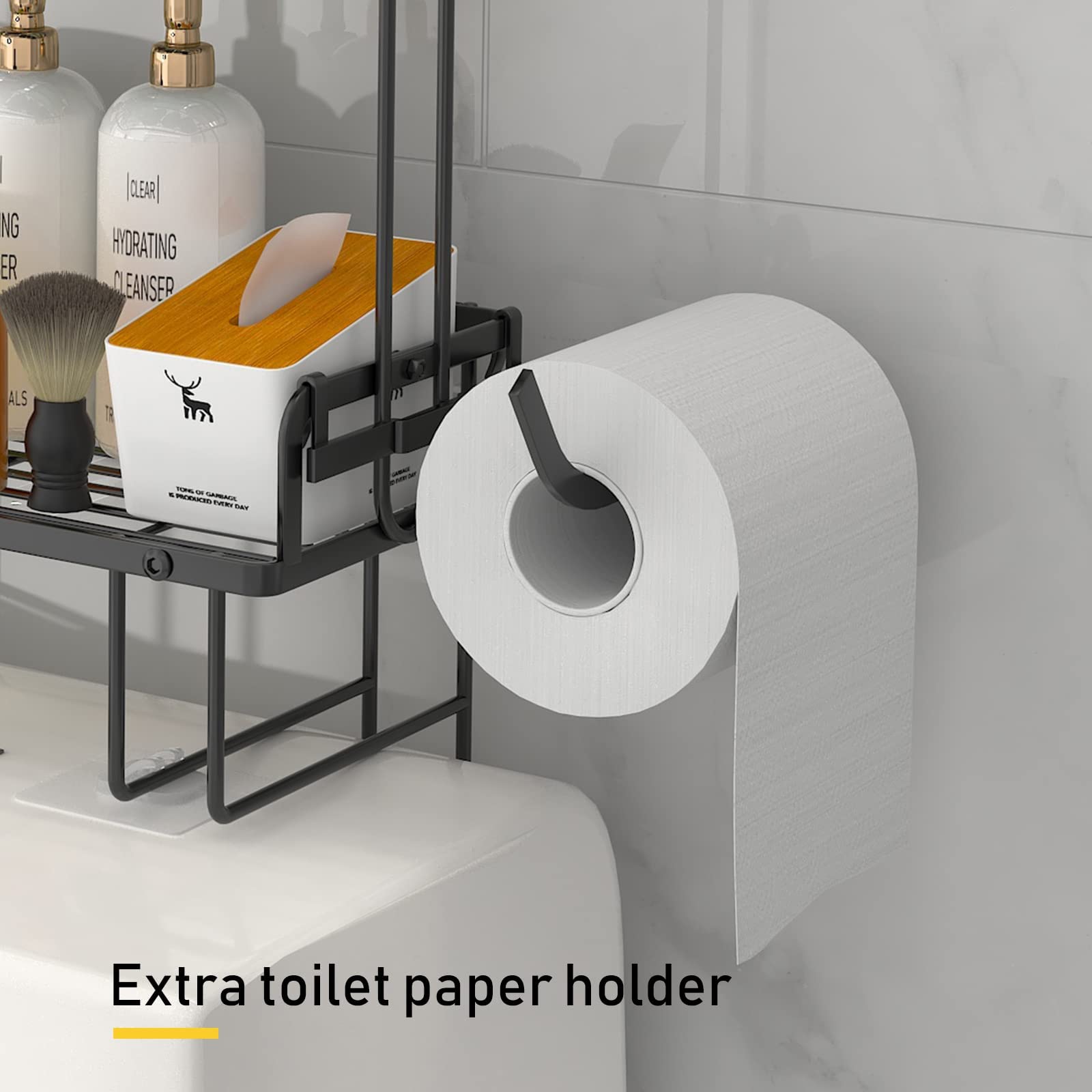 KYLE & KAY Bathroom Over The Toilet Storage Shelf, Bathroom Storage Organizer with Toilet Paper Holder & Space Saver, 2-Tier Bathroom Storage Organizer Shelves (Black)