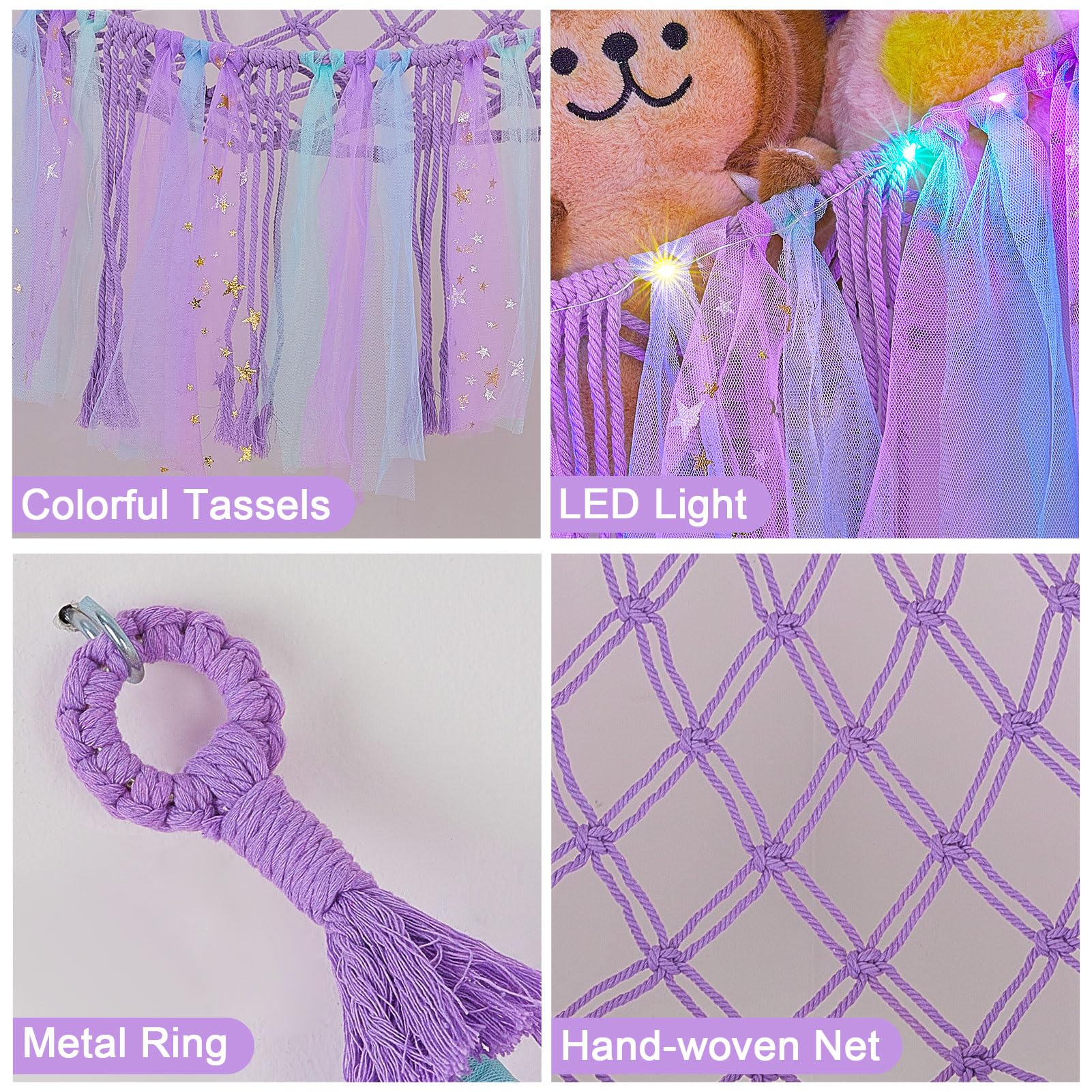 FIOBEE Stuffed Animals Net or Hammock with LED Light, Toy Hammock Hanging Stuffed Animals Storage Organizer Holder Room Décor for Nursery Kids Bedroom
