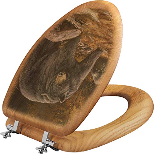 House & Homebody Co. Elongated Toilet Seat, Oak Veneer, Outdoor Image (Streamside Bear)