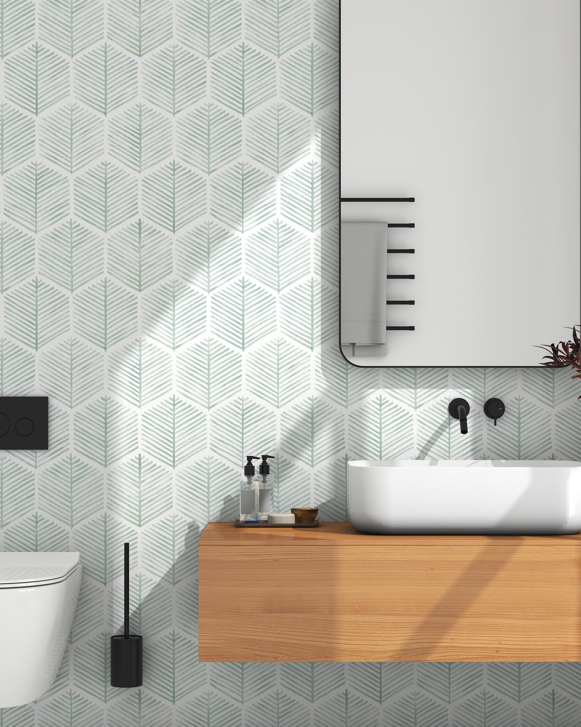 Modern Peel and Stick Wallpaper 17.3''×78.8'' Geometric Wallpaper Boho Contact Paper Green and White Self-Adhesive Wallpaper Removable Decorative Wallpaper for Bedroom Bathroom Cabinets Decor Vinyl