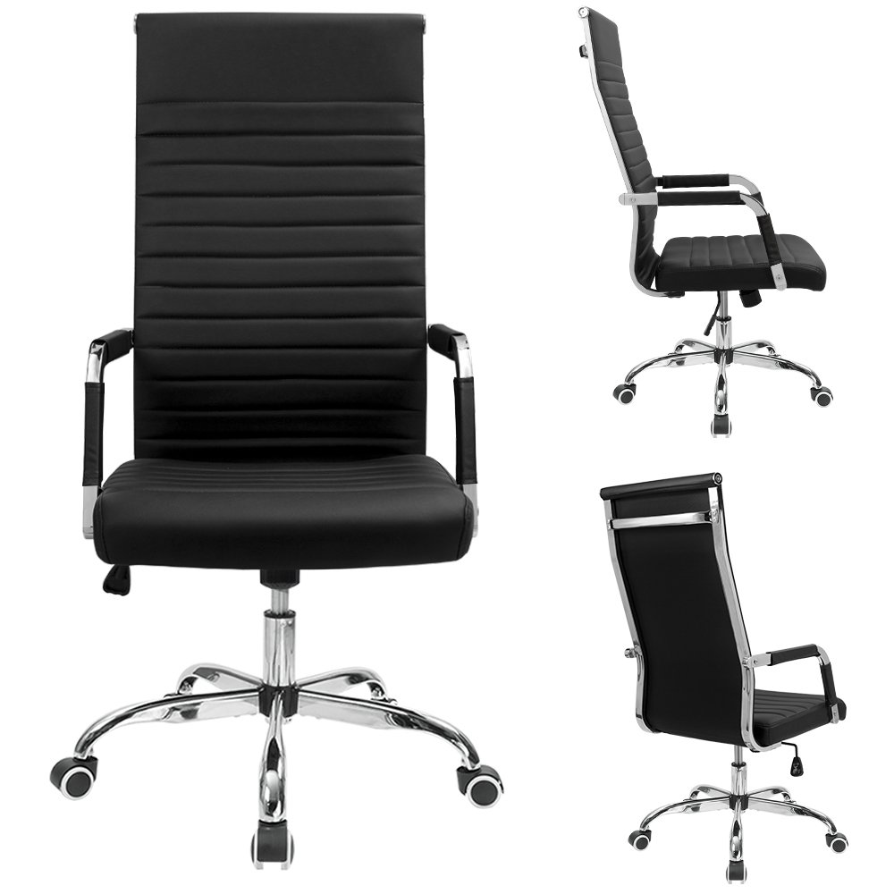 Furmax Ribbed Office Chair High Back PU Leather Executive Conference Chair Adjustable Swivel Chair with Arms, Black