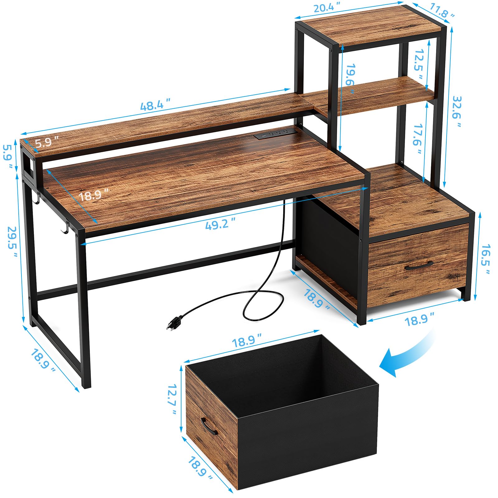GreenForest Office Desk with Power Outlets and Printer Shelf, 68.8 inch Computer Desk with LED and Drawer, Reversible Gaming Desk with Storage for Home Study Working,Walnut