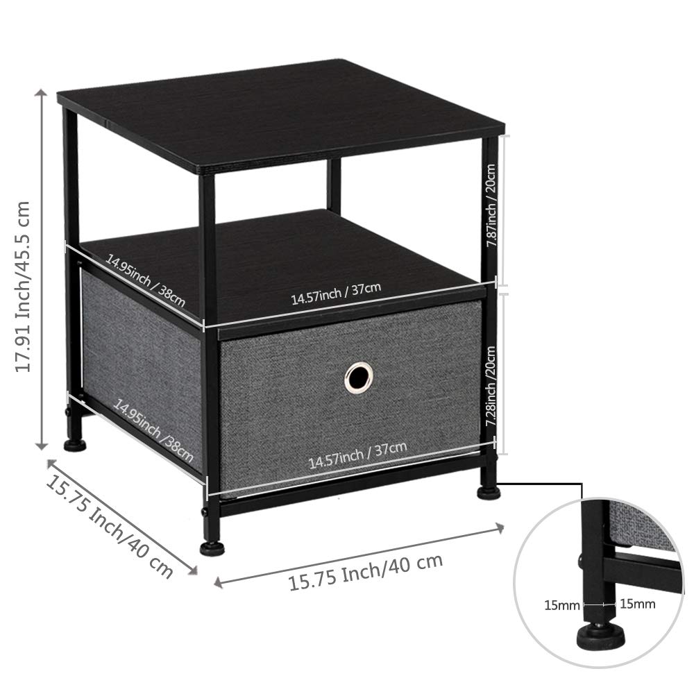 DESIGNSCAPE3D Nightstand with Drawer, Bedside Furniture & Accent End Table for Home, Bedroom, Office, College Dorm, Steel Frame, Wood Top, Easy Pull Fabric Bins, Grey