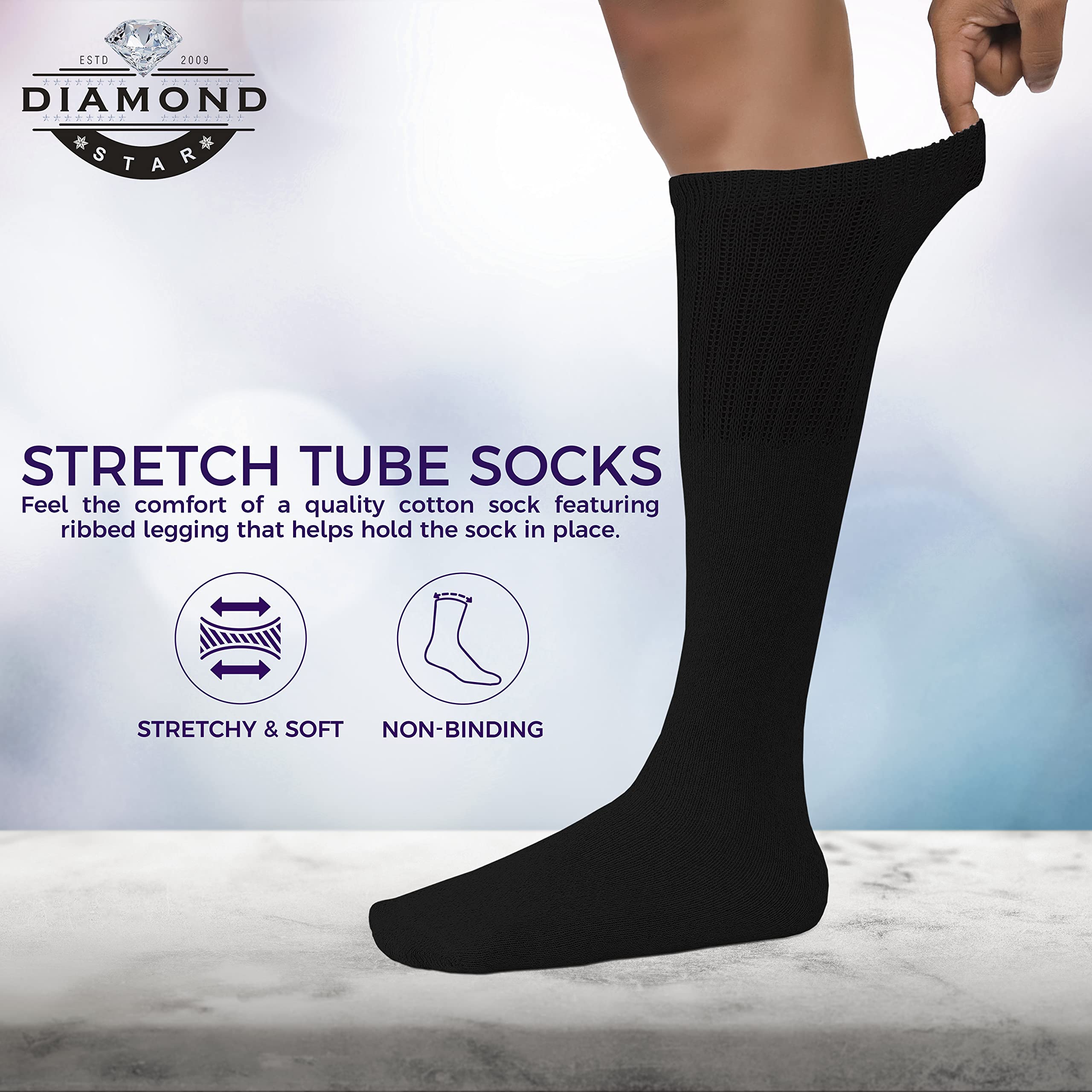 Diamond Star Men's 6 Pack Athletic Tube Socks Running Sports Over The Calf Cushioned Premium Soft Cotton Big and Tall (Black)