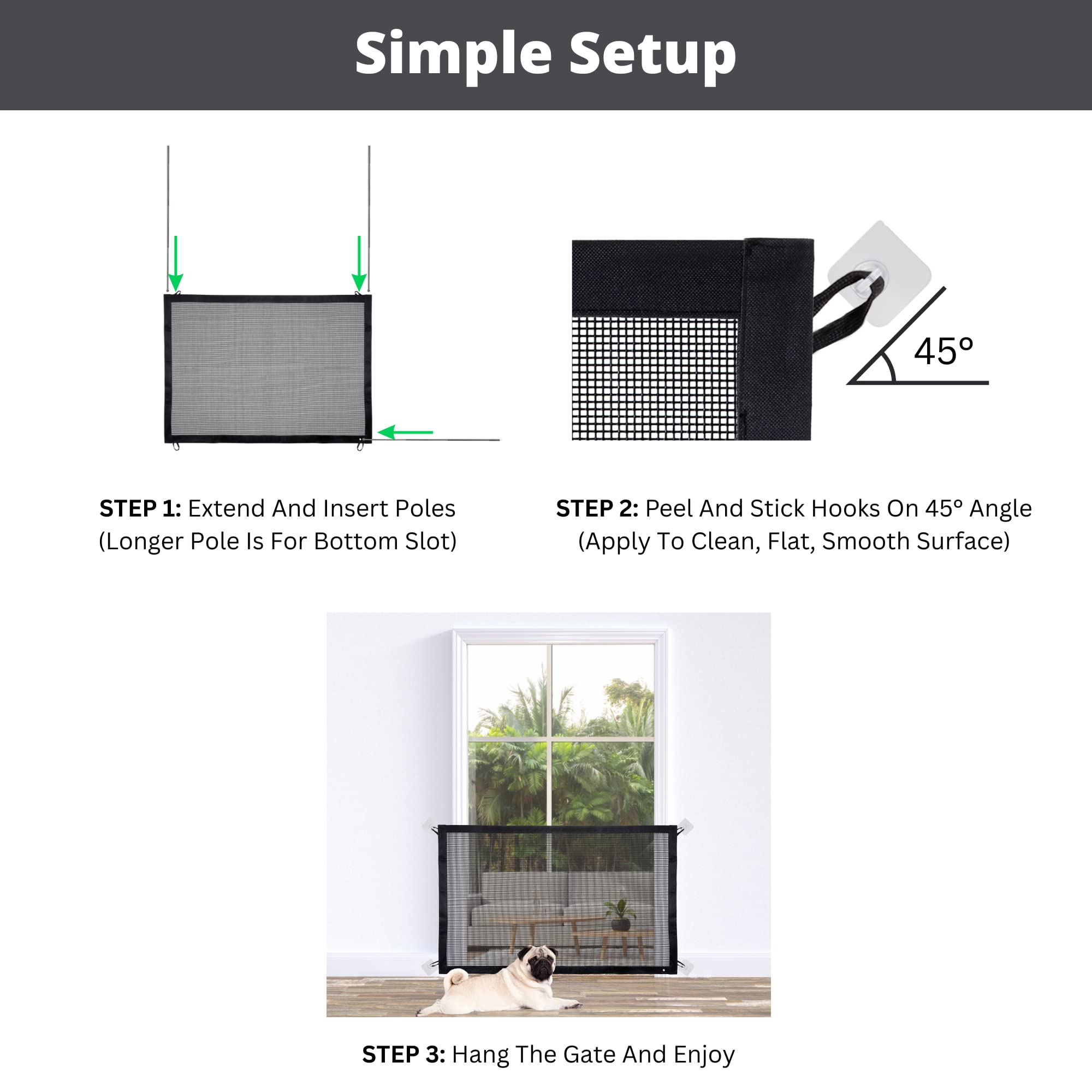 Dog Gates for The House,JG Baby Retractable Mesh Dog Gate,for No Drilling Portable Folding Child's Baby Gates Install Anywhere 3 Poles Avoid Pets from Passing Underneath 30'' X 39'', 3 Poles 8 Hooks