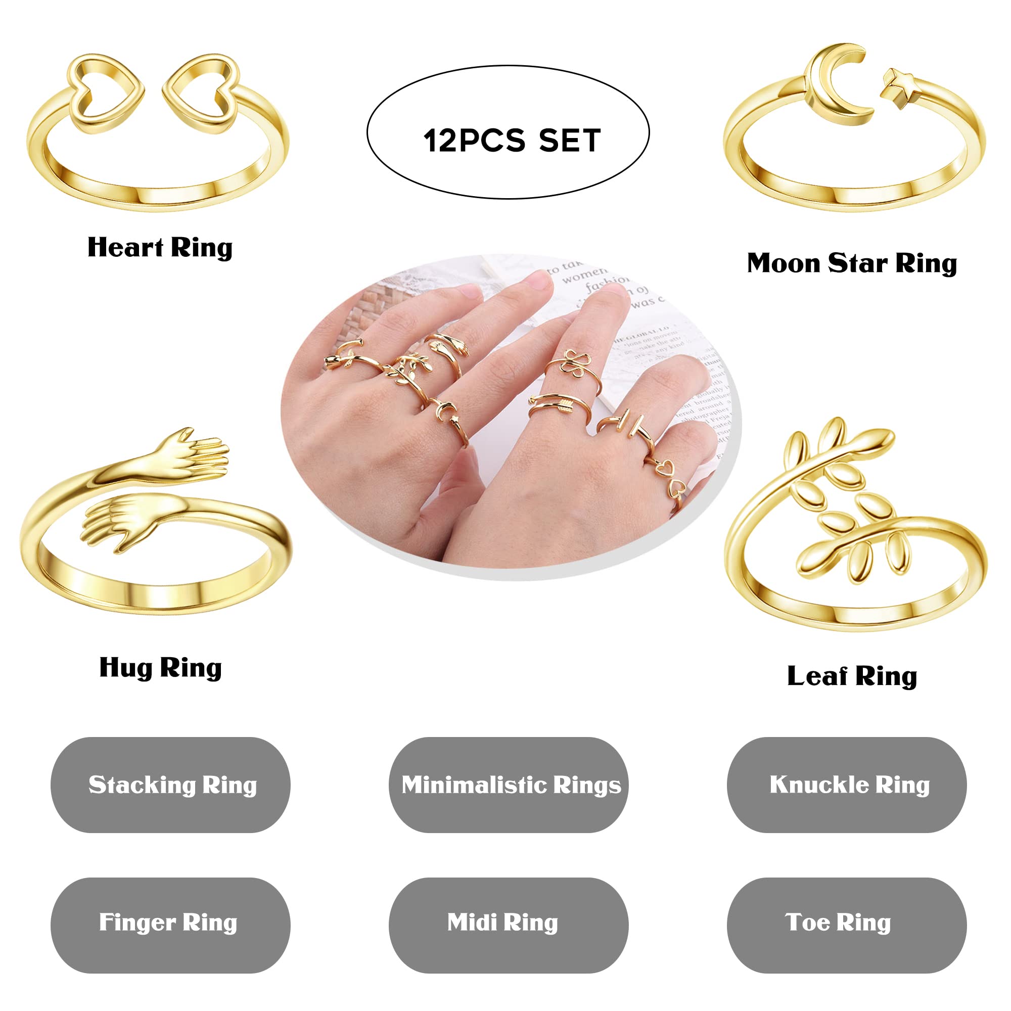 FASACCO 12Pcs Arrow Leaf Cross Hug Rings for Women Open Rings Set Adjustable Stackable Knuckle Thumb Rings 14K Gold Plated Heart Moon Star Joint Finger Rings Gold Tone