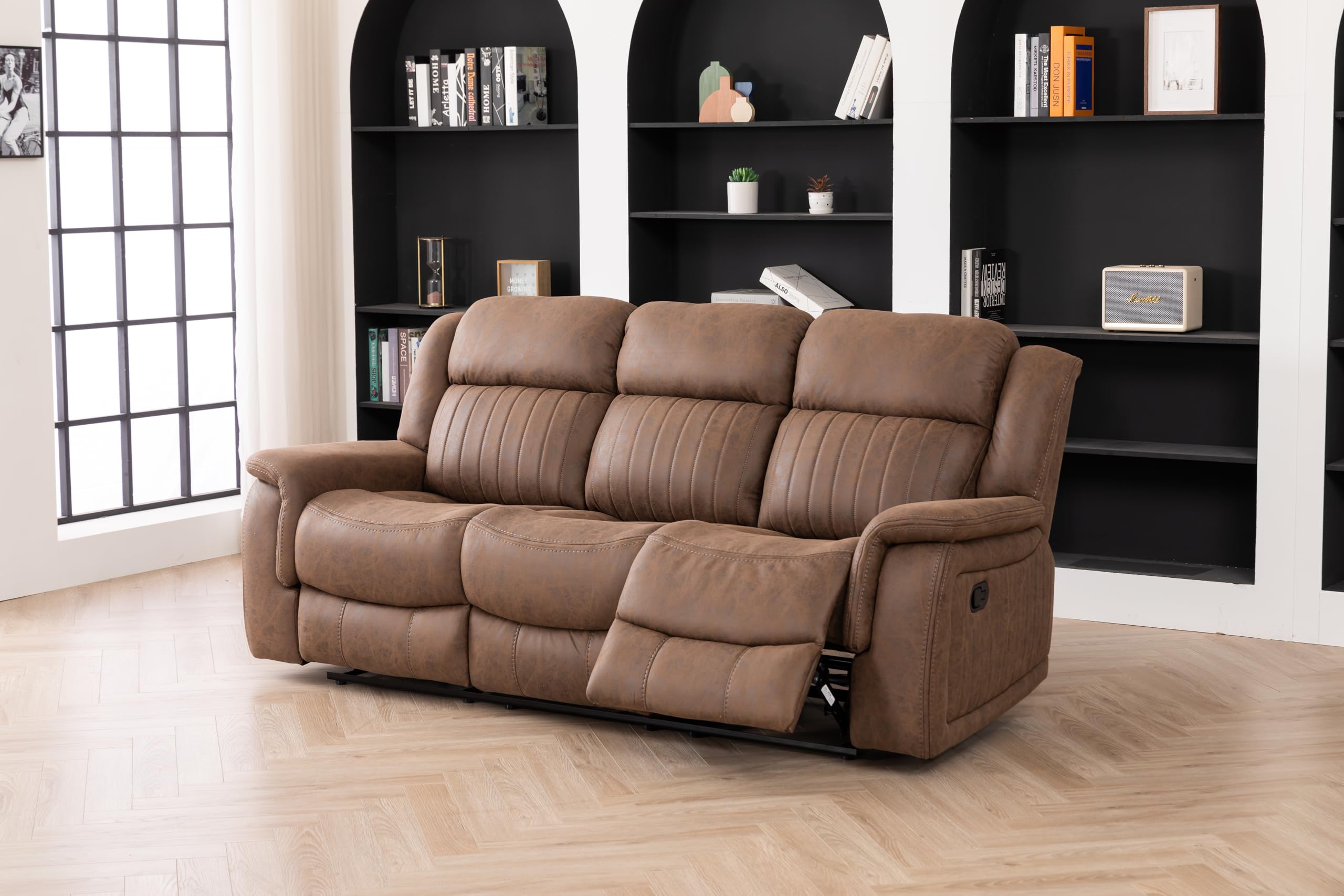 MODCART Wall Hugger 3 Seaters Recliner Sofa, Includes a Drop-Down Backrest That Converts into a Table with Cupholders, Living Room Furniture for House, Office