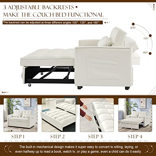 Velvet Pull Out Sleeper Sofa Bed, Convertible Futon Couch Bed with Adjustable Backrests, 3 in 1 Modern Loveseat with 2 Pockets and Pillows, Small Love Seat for Living Room, Guest Room, Off White