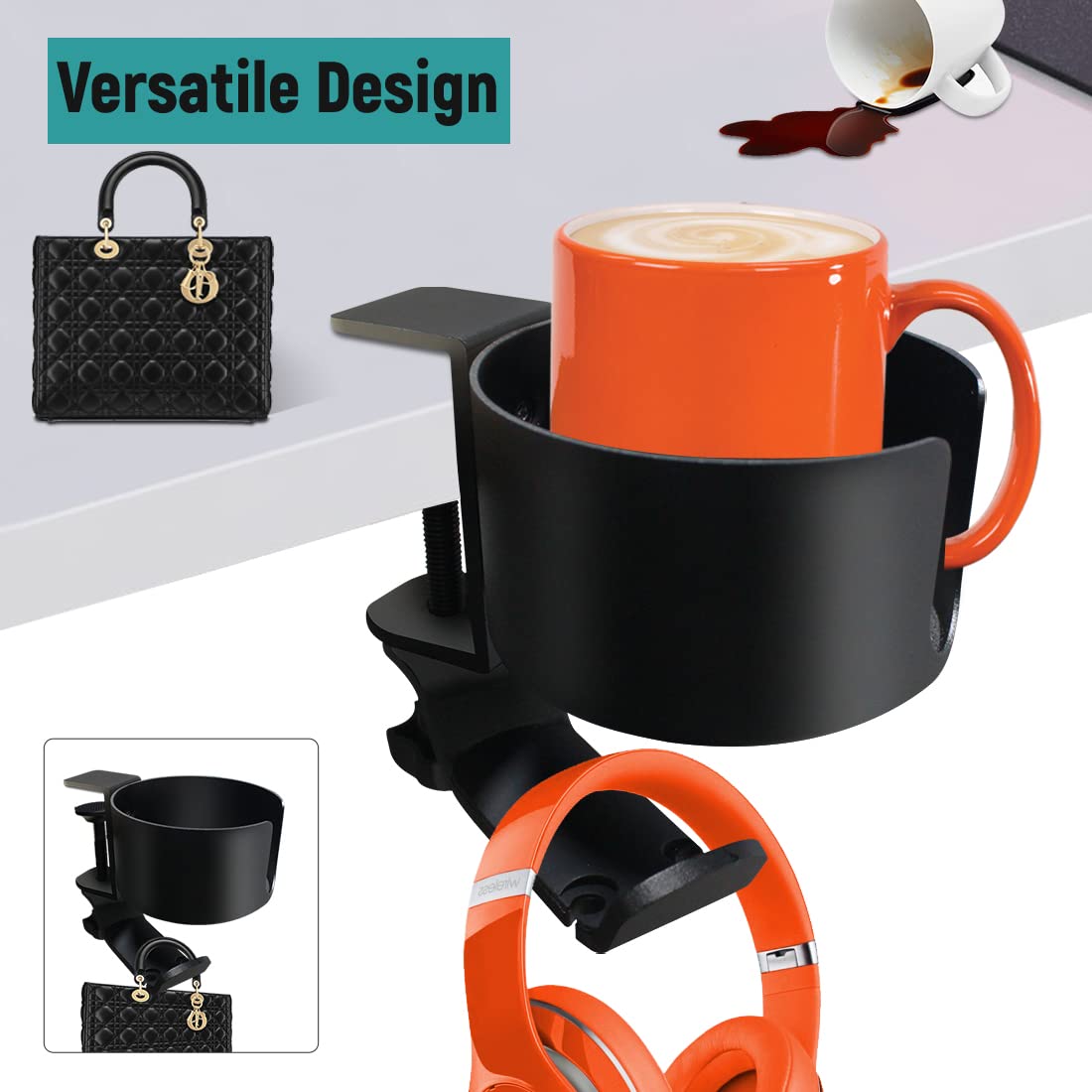 Desk Cup Holder, Sturdy 2-in-1 Anti-Spill Cup Holder for Desk or Table with 360° Rotatable Headphone Hanger, Durable Table Cup Holder with Cable Organizer,Holding Coffee Mups,Water Bottles,Headphones