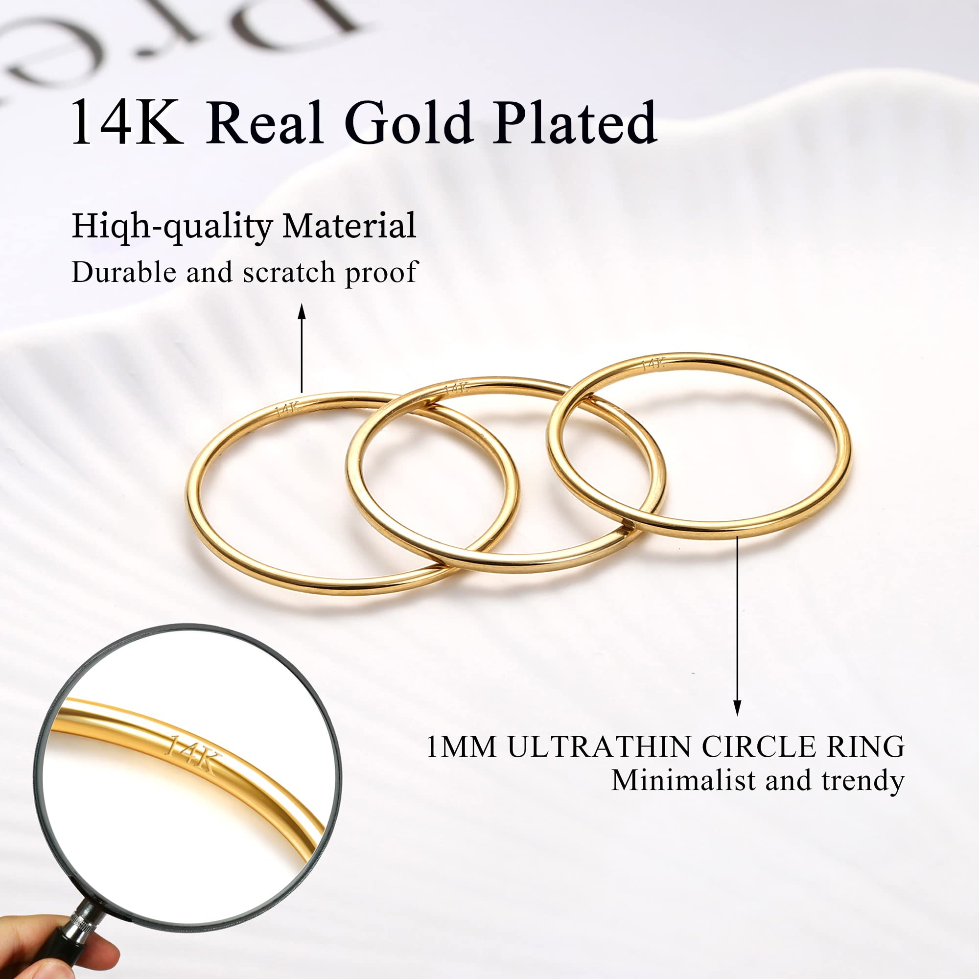 Diamday 1mm 14K Gold Plated Stackable Rings for Women Plain Thin Ring Gold Simple Pinky Thumb Statement Band Rings Comfort Fit 3Pcs Size 7
