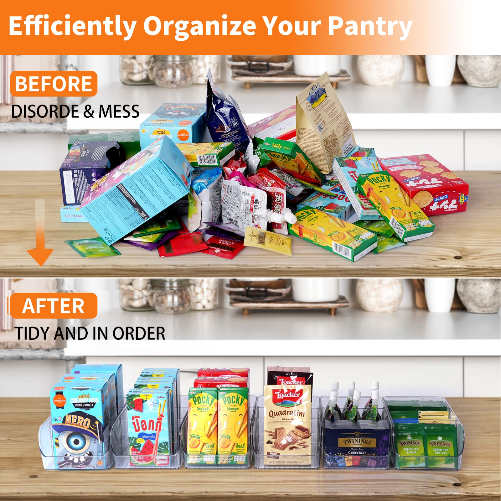 GESTONE 4 Pack Pantry Snack Organizer, Pantry Organization and Storage, Pantry Organizer Bins for Snacks, Pouches, Packets, Stackable Snack Organizers for Fridge, Kitchen, Cabinets, Table, Bedroom