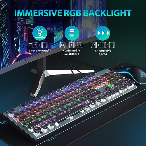 Typewriter Mechanical Gaming Keyboard Mouse Combo, Metal Panel Retro Keyboard with Round Keycap Blue Switch, RGB Backlit 104 Keys Anti-Ghost Wired Keyboard and Mouse with 3 DPI for PC Laptop Mac Gamer