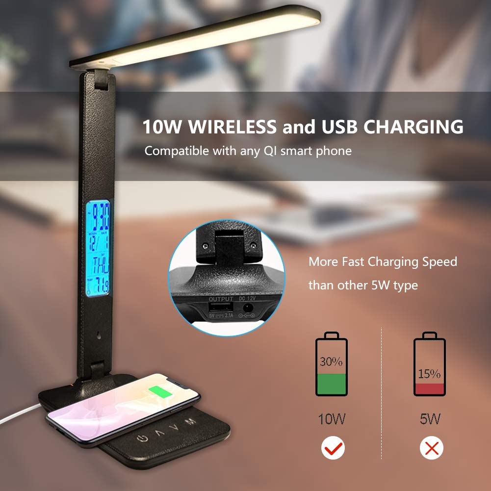 Desk Lamp LED Desk Lamp with Wireless Charger 10W Touch Control 3 Lighting Modes 5 Brightness Levels Adjustable Table Lamp Clock Alarm Date Temperature Function USB Charging Port with Adapter Black