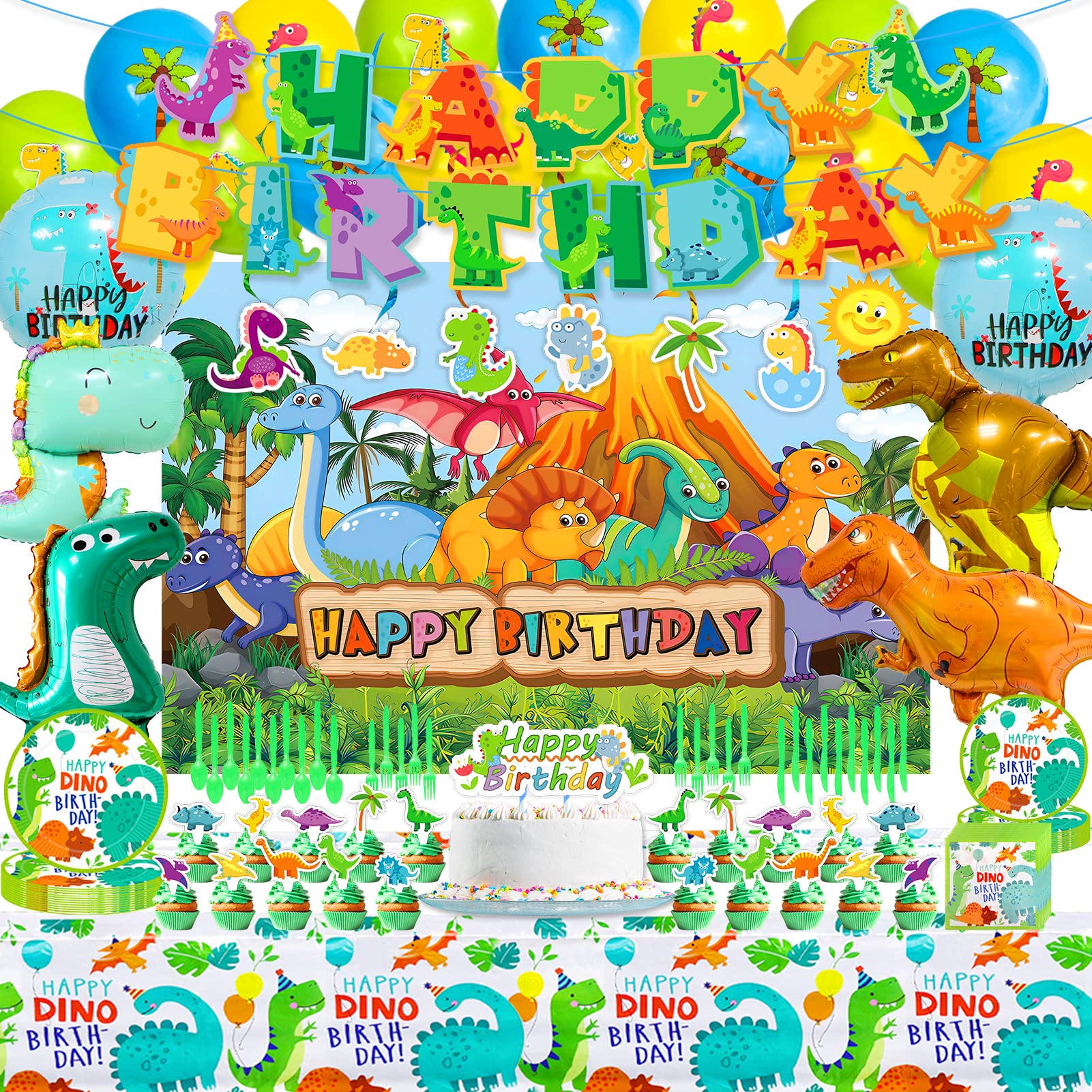 Dinosaur Birthday Party Supplies - Dinosaur Party Decorations Include Banner, Backdrop, Tableware, Cake Toppers, Balloons, Hanging Swirls, Dinosaur Style Party Supplies