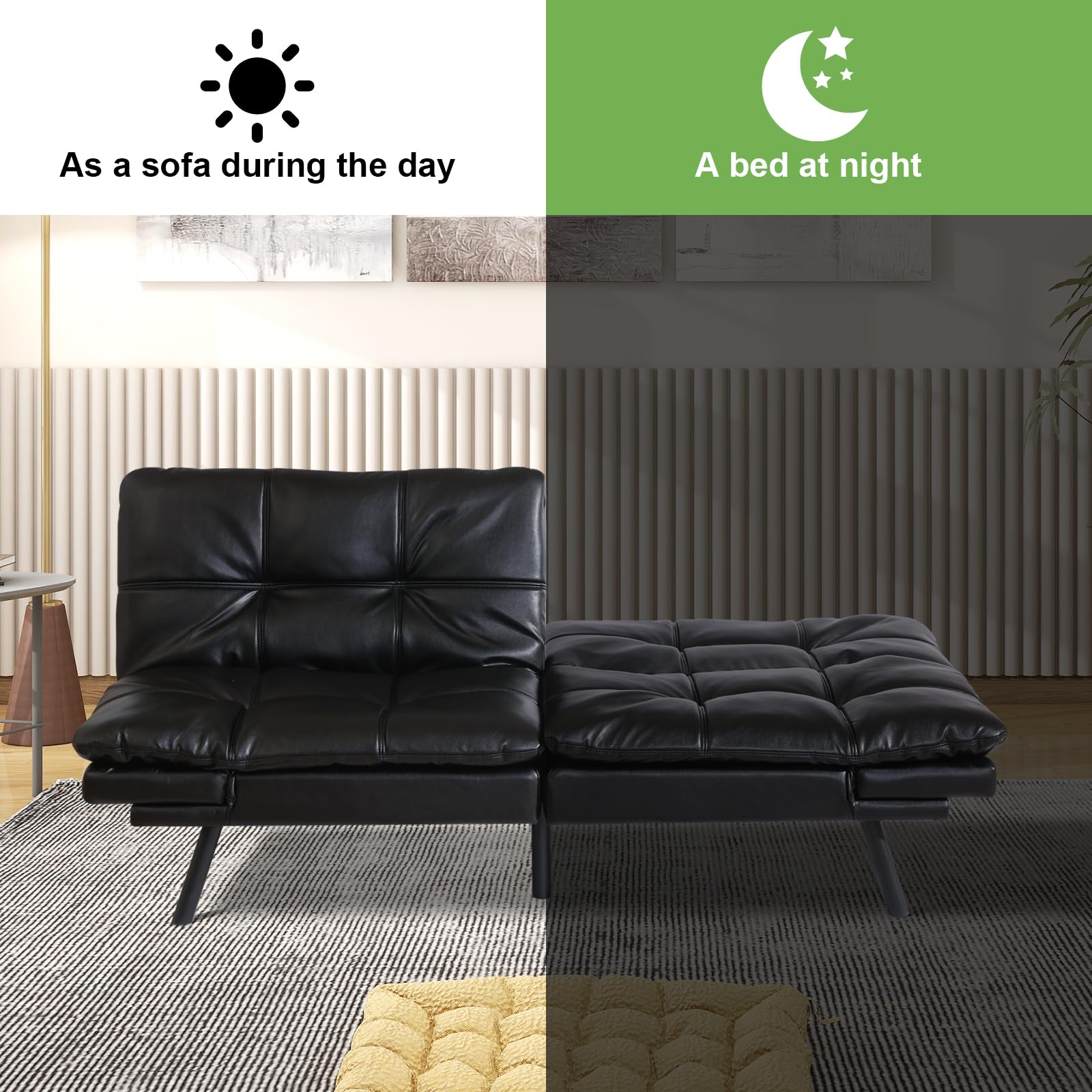 MUUEGM Faux Leather Memory Foam Convertible FoldIing Futon Sofa Bed, Modern Lounge Sofa with Adjustable Backrest Armrests, Futon Couch for Living Room with Loveseats in Black.(Leather,Black)