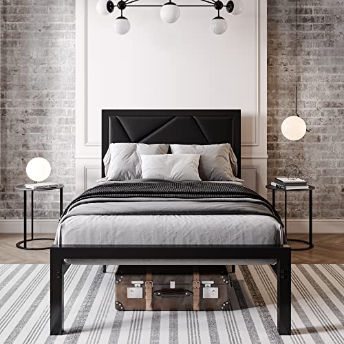 ONBRILL Twin Size Modern Metal Bed Frame with Contemporary Faux Leather and Upholstered Headboard，No Box Spring Needed, Black