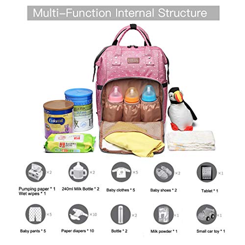 Diaper Bag Backpack with Baby Bottle Insulation, Kono Waterproof Baby Bag, Roomy Backpack for Moms Dads Navy (Pink)