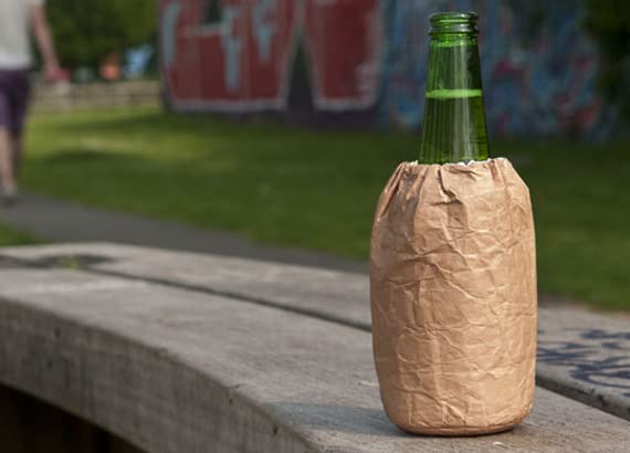 TYVEK BROWN BAG ARTWORK INSULATED CAN & BOTTLE COOLER SLEEVE SOFT REUSABLE COLLAPSIBLE COOLIE FOR PARTIES, EVENTS OR WEDDINGS BUM COLD DRINK THERMAL INSULATOR