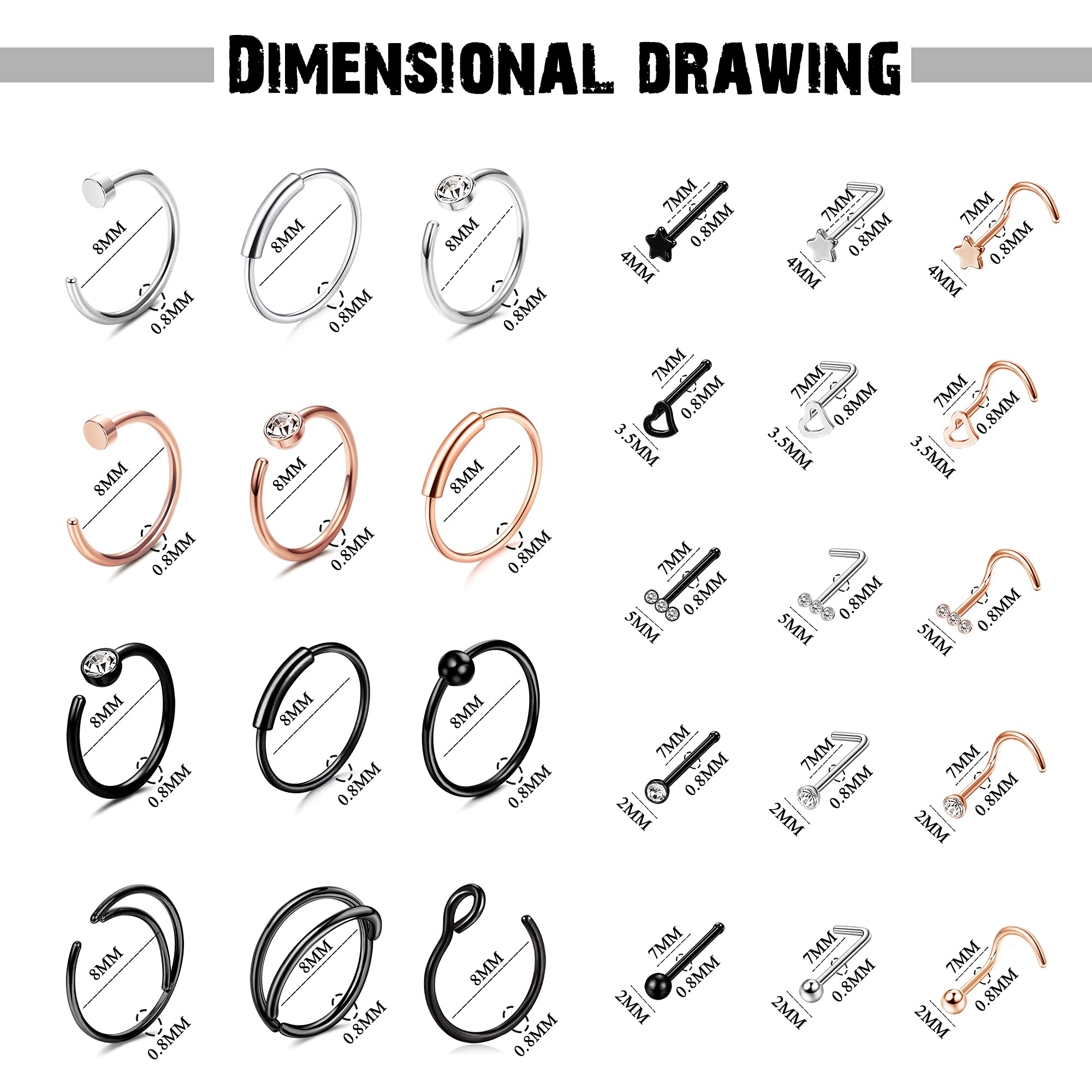 Drperfect 20G Nose Rings for Women Men Nose Piercing Jewelry Stainless Steel Nose Hoop L Shaped Screw Bone Nose Stud Silver Rose Gold Black Nose Ring Set
