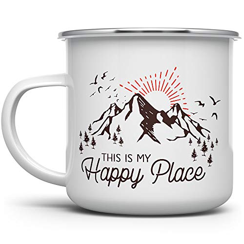 Loftipop This is My Happy Place Enamel Campfire Mug, Mountain Camping Coffee Cup, Nature Outdoor Hiking Camp Lover Gift (12oz)