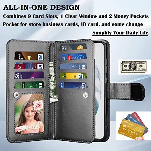 Takfox Galaxy S21 FE 5G Case, for Samsung S21 FE 5G Wallet Case PU Leather Flip Case Cover with Magnetic Closure [9 Card Slots] Card Holder Kickstand for Women Men Folio Detachable Phone Case-Black